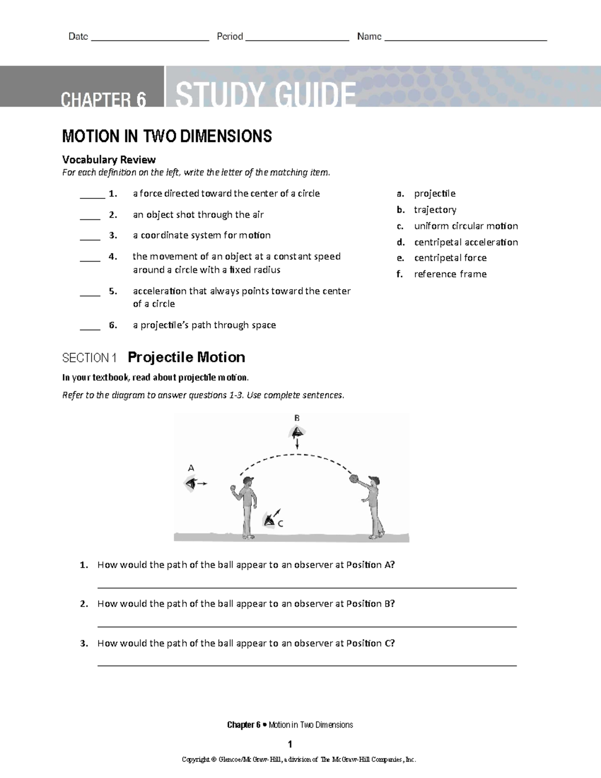 6. Study Guide Motion in Two Dimensions student Projectile - Chapter 6 ...