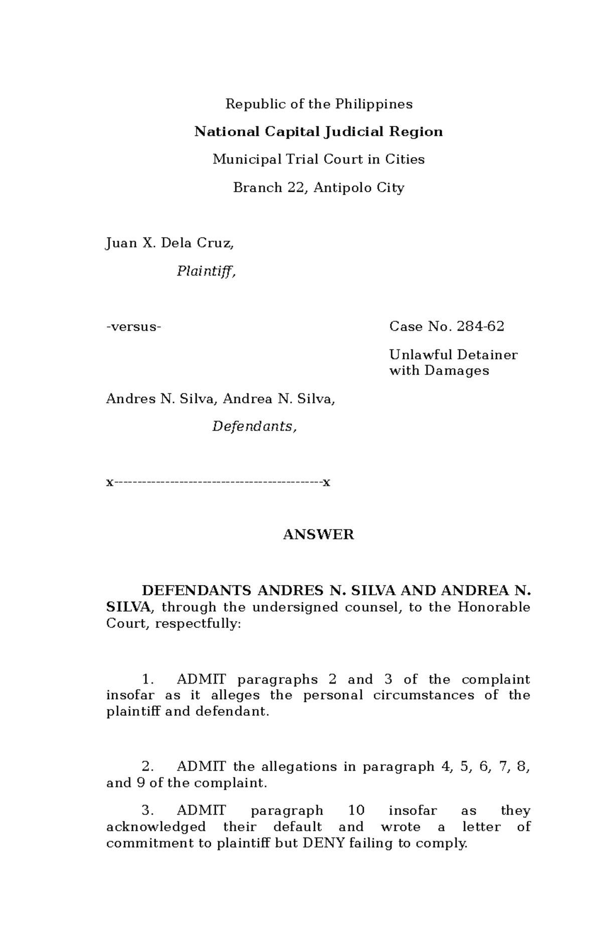 Answer to Unlawful Detainer Case No. 2025-001: Defendants' Response - Studocu