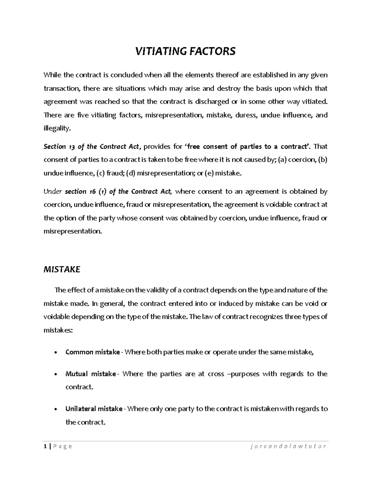Contracts Law 2 - Vitiating Factors and Their Implications Explained ...