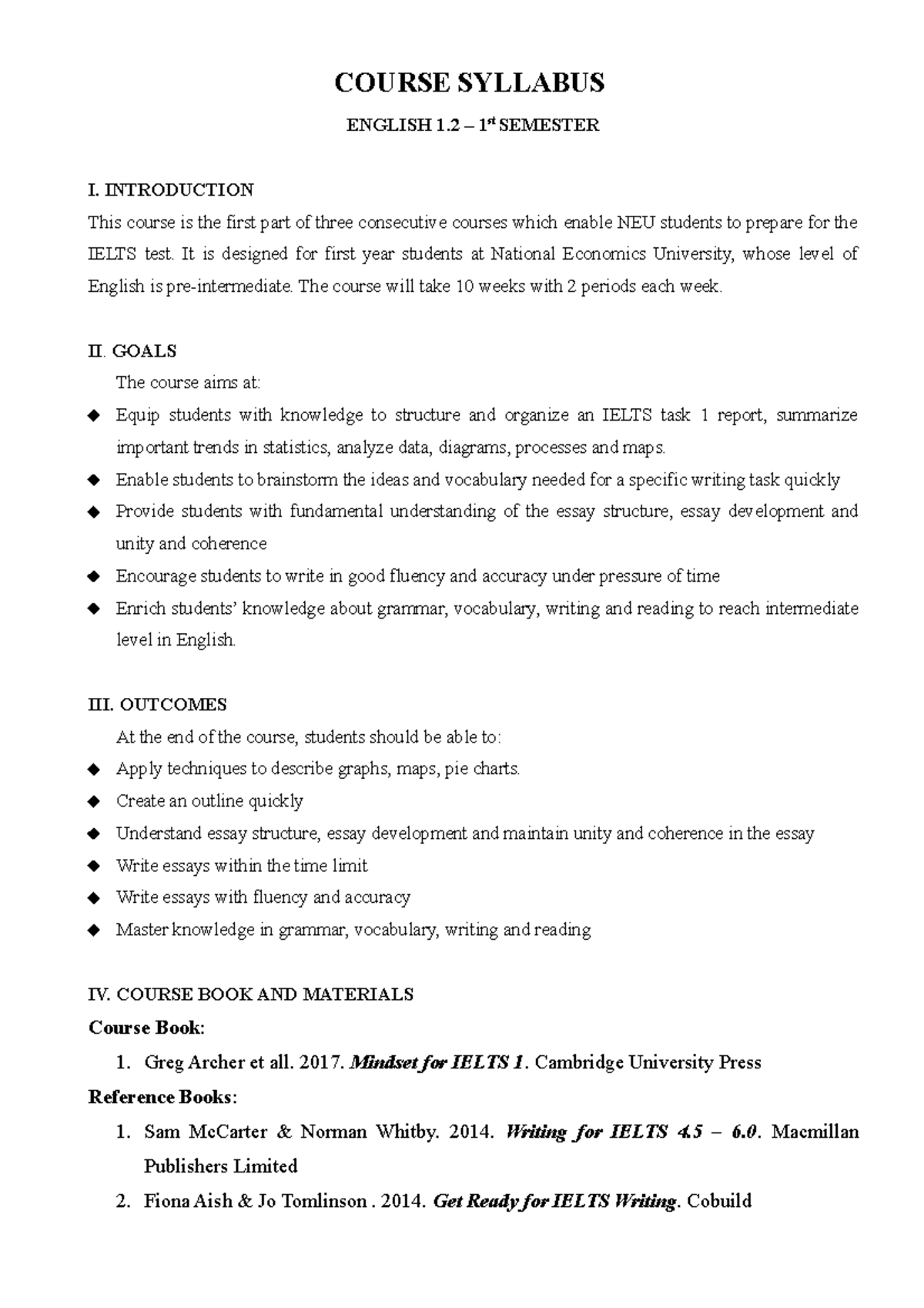 Syllabus 1st year - Lecture notes 1-10 - COURSE SYLLABUS ENGLISH 1 ...