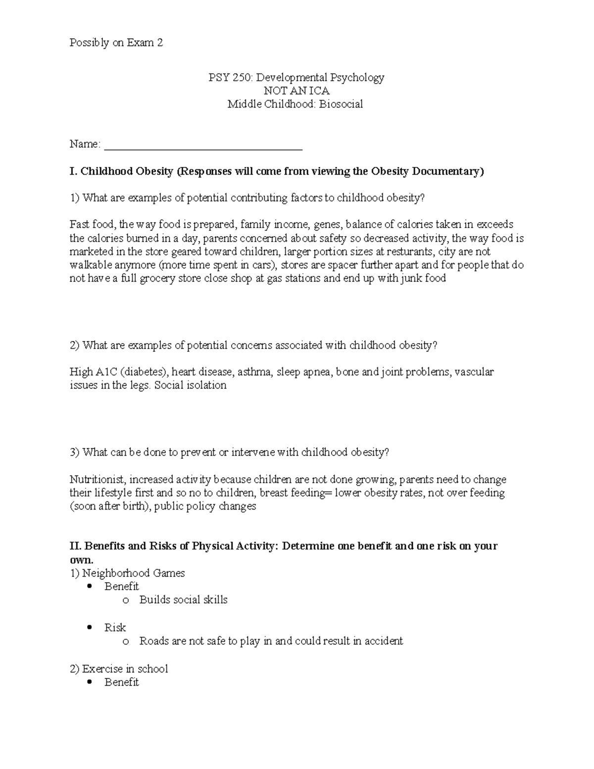 PSY 250: Worksheet on Obesity and Activity for Exam 2 - Studocu