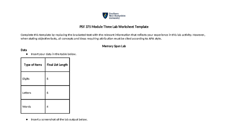 PSY 375 Module Three Lab Worksheet: Data Memory & Mental Rotation - Studocu