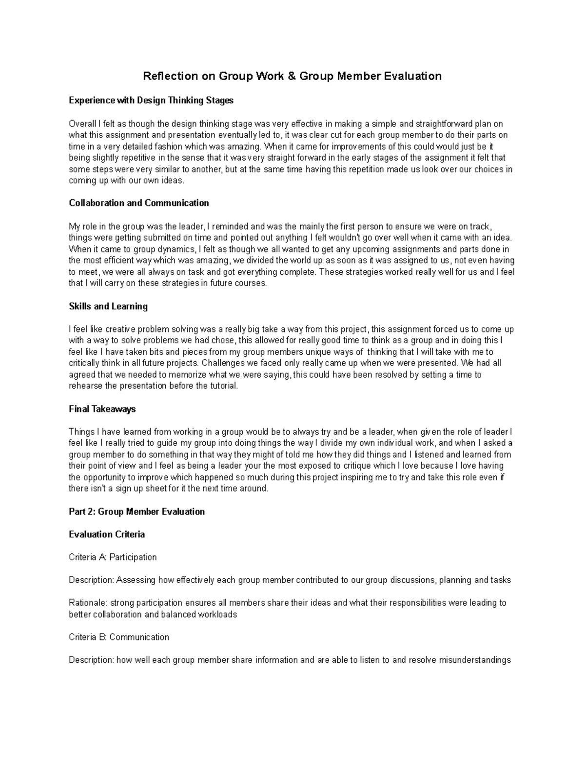 Reflection on Group Work & Member Evaluation: Design Thinking Insights ...