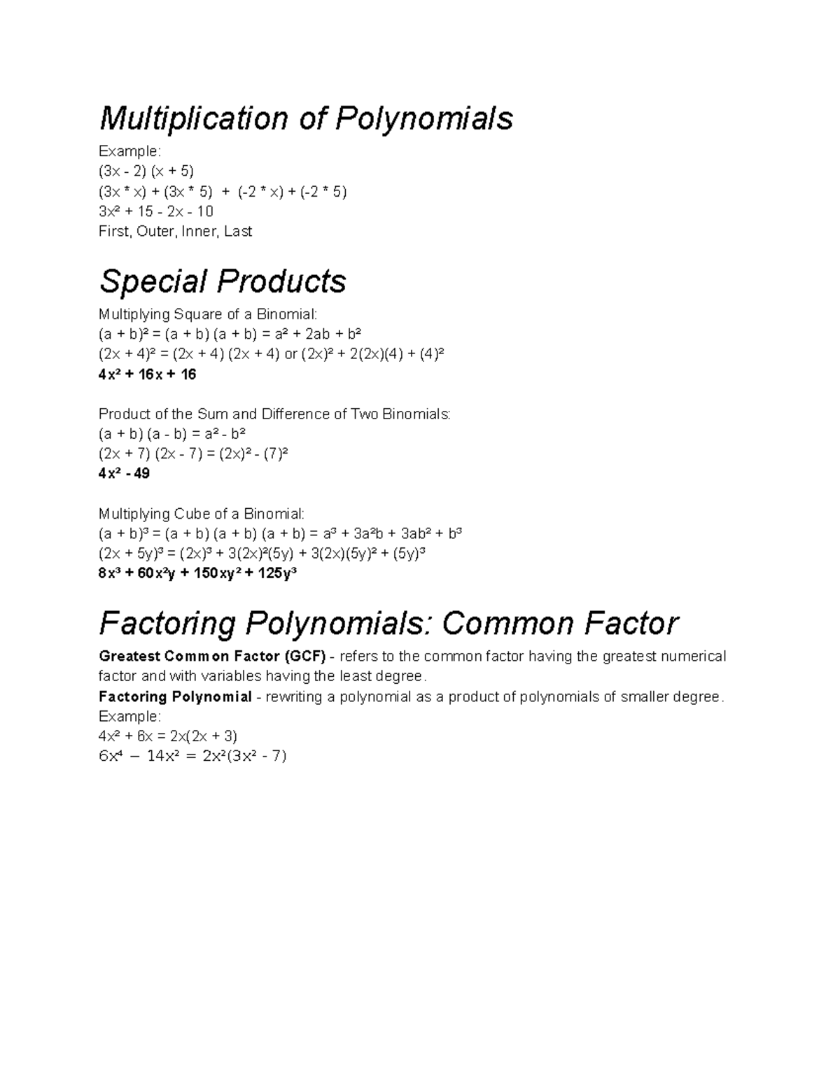 Multiplication of Polynomials, Special Products, Factoring Polynomials ...