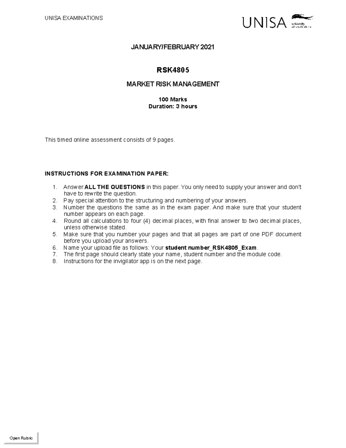 RSK4805 Exam QP 2021 - past exam paper 2021 - UNISA EXAMINATIONS ...