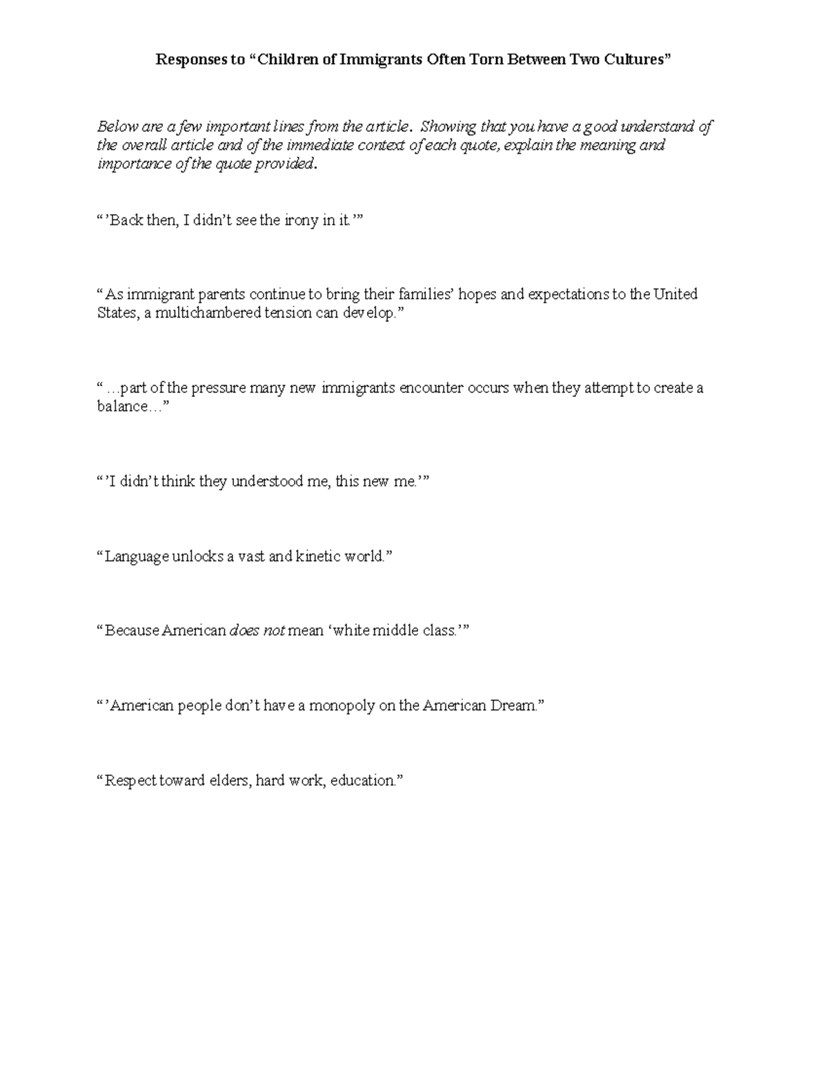 Children+of+Immigrants+Activity - Responses to “Children of Immigrants ...