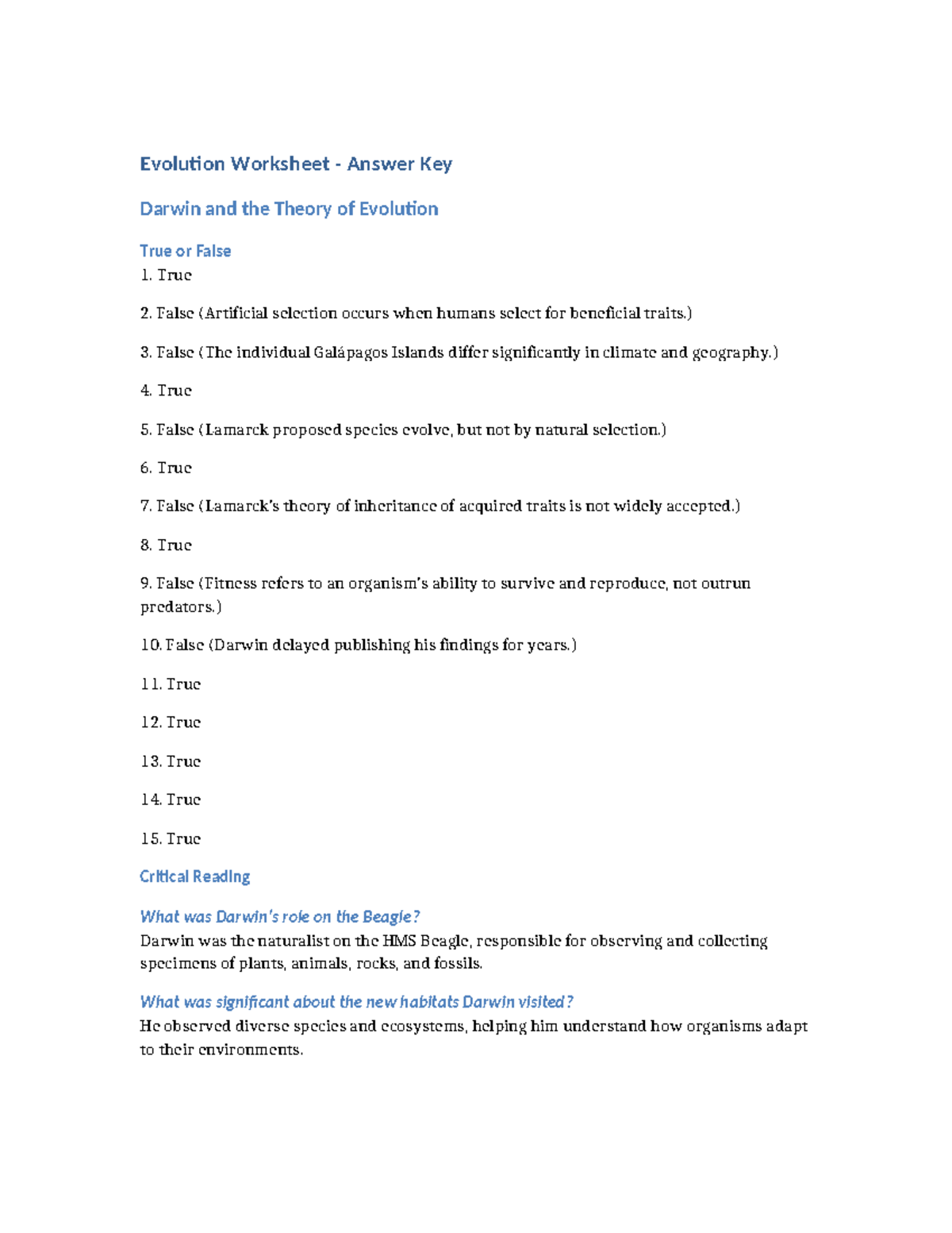 Animal Evolution - Evolution Worksheet - Answer Key Darwin and the ...