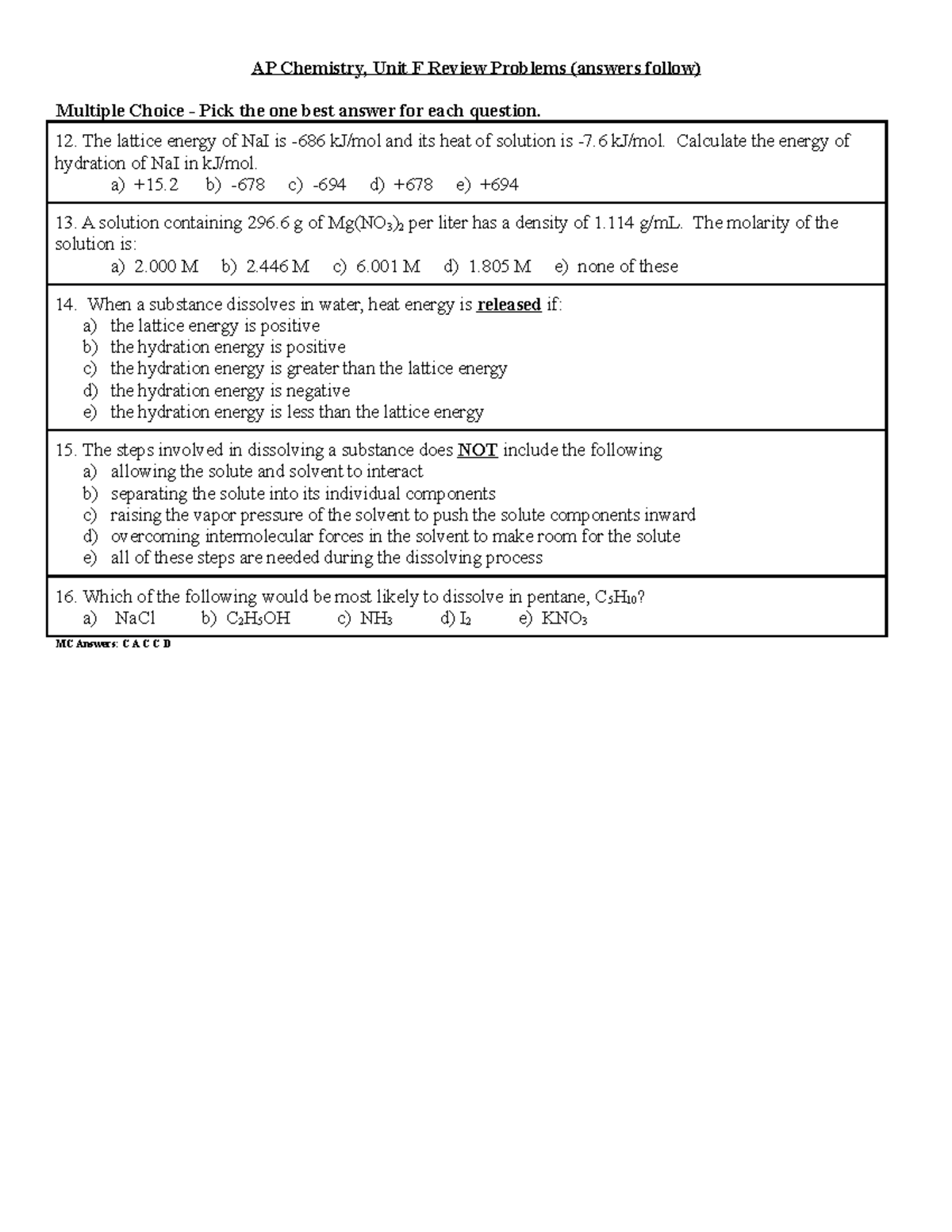 [UNIT F] AP Chemistry Practice Questions and Answers - Studocu