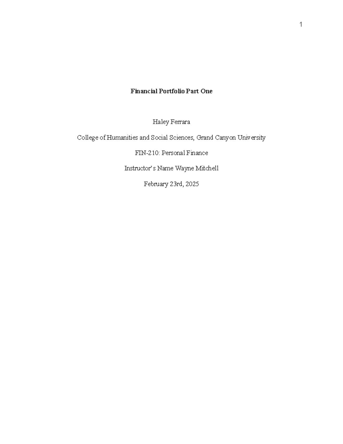 Financial Portfolio Part One - FIN-210 - 1 Financial Portfolio Part One ...