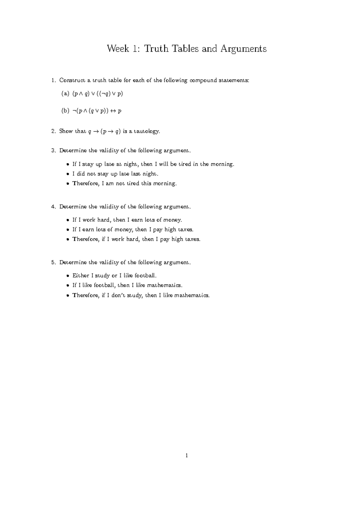 Logic Exercises: Truth Tables & Argument Validity (Week 1) - Studocu