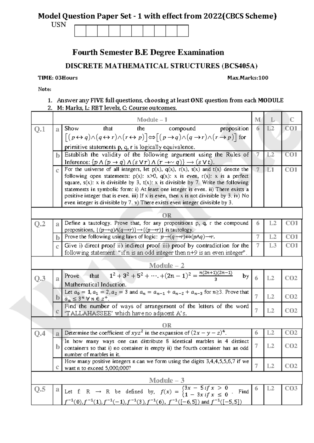BCS405A Discrete Mathematical Structures Model Question Paper Set 1 ...