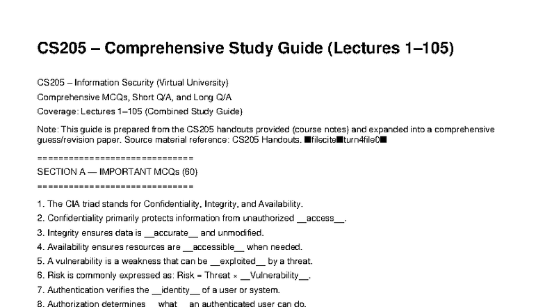 CS205 Comprehensive Study Guide: Information Security Lectures and MCQs - Studocu