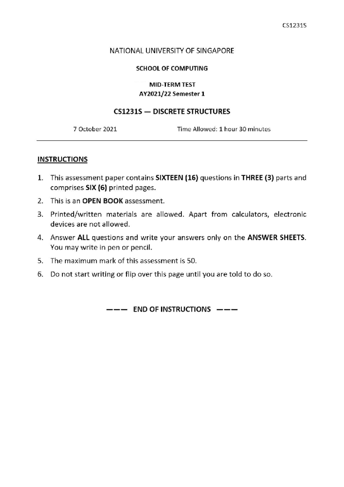 CS1231S Midterm Test Questions - Discrete Structures 2021 - Studocu