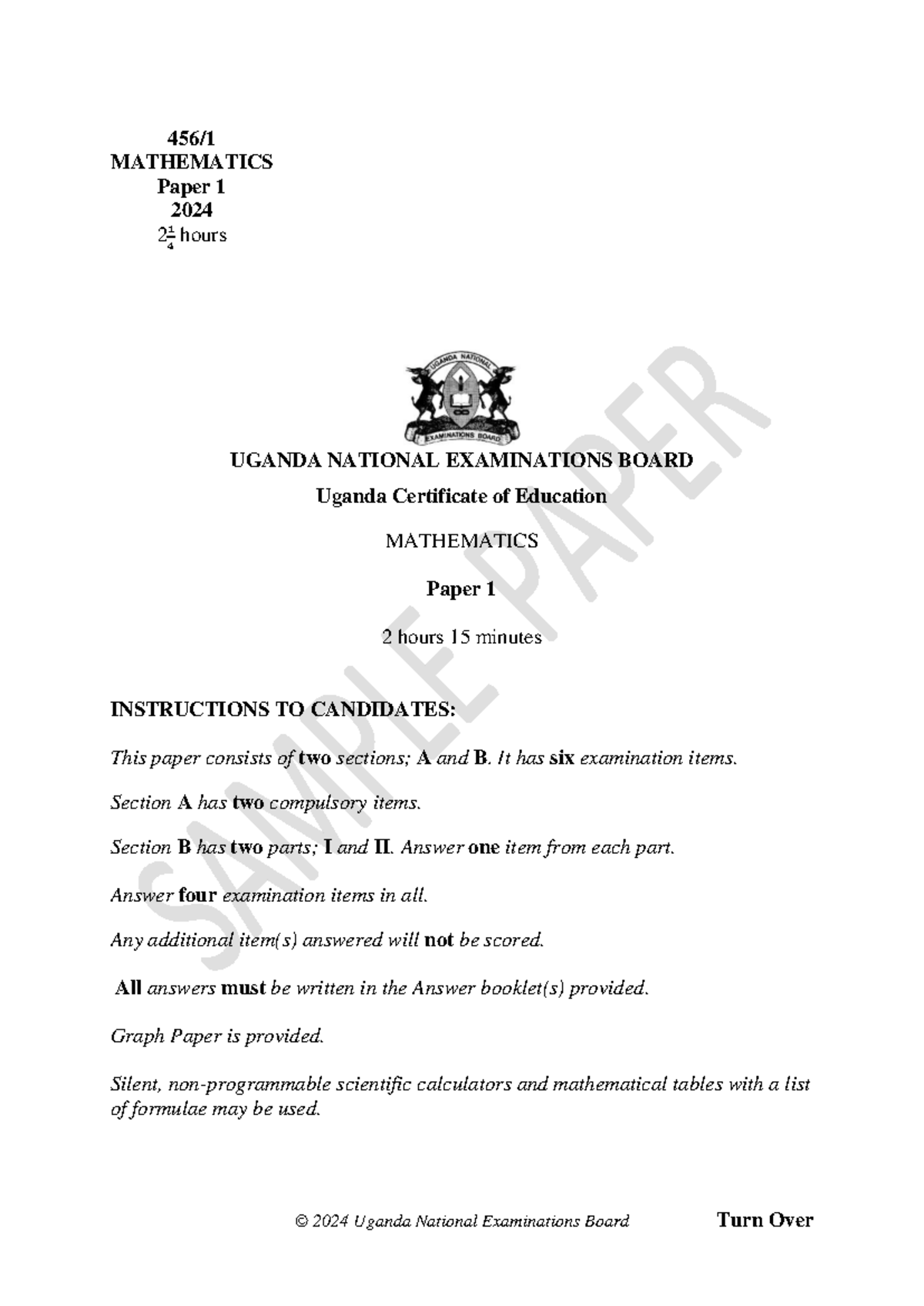 4561 Mathematics UNEB Sample Paper 2024 with Scoring Guide - Studocu