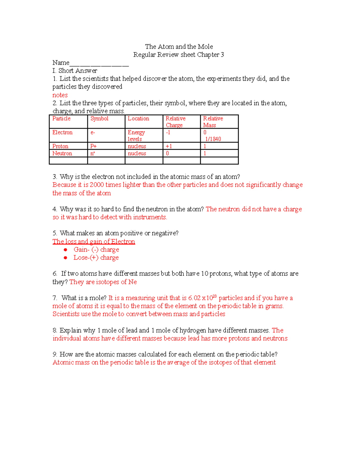 Regular Review Sheet: The Atom and the Mole - Chapter 3 Notes - Studocu