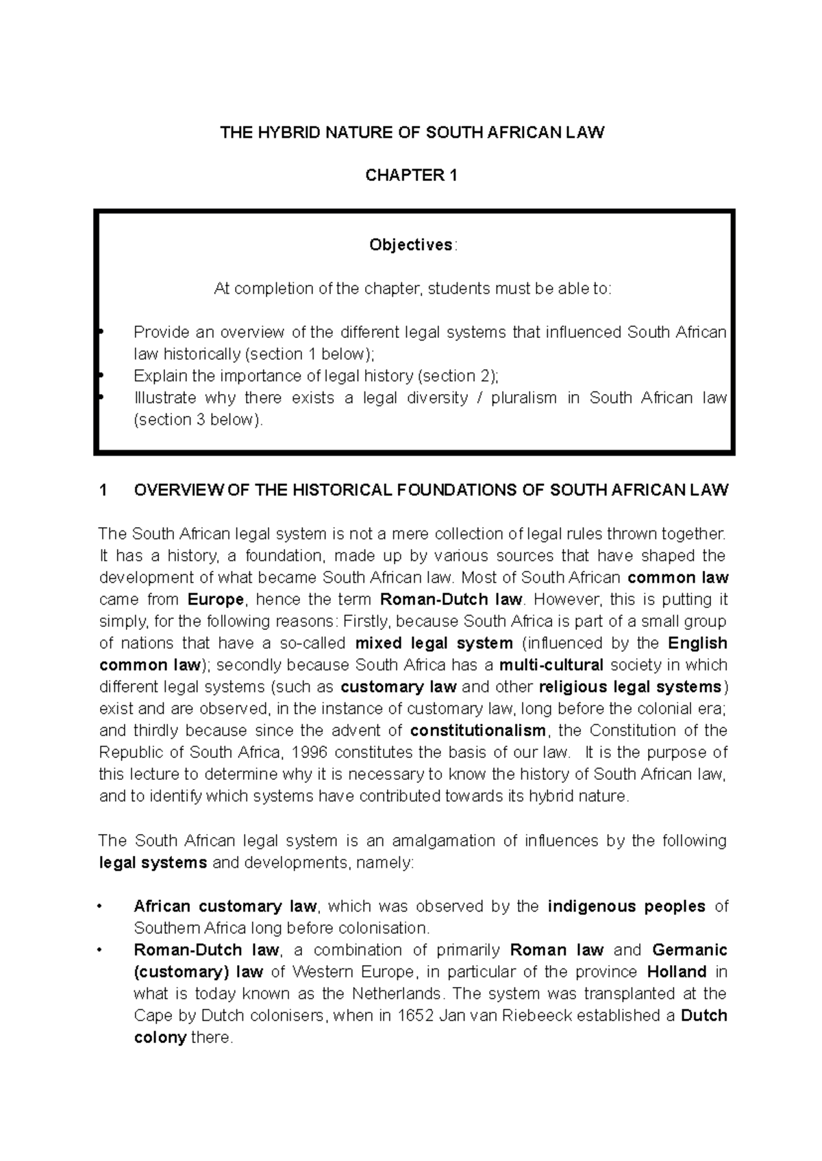 2020 Introduction to Law: Chapter 1 - The Hybrid Nature of SA Law - Studocu