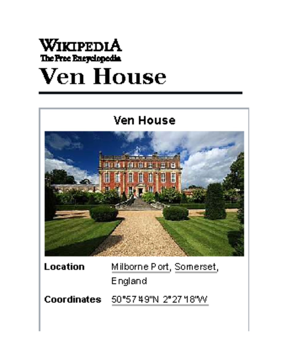 Ven House: A Grade I Listed Manor in Milborne Port, Somerset - Studocu