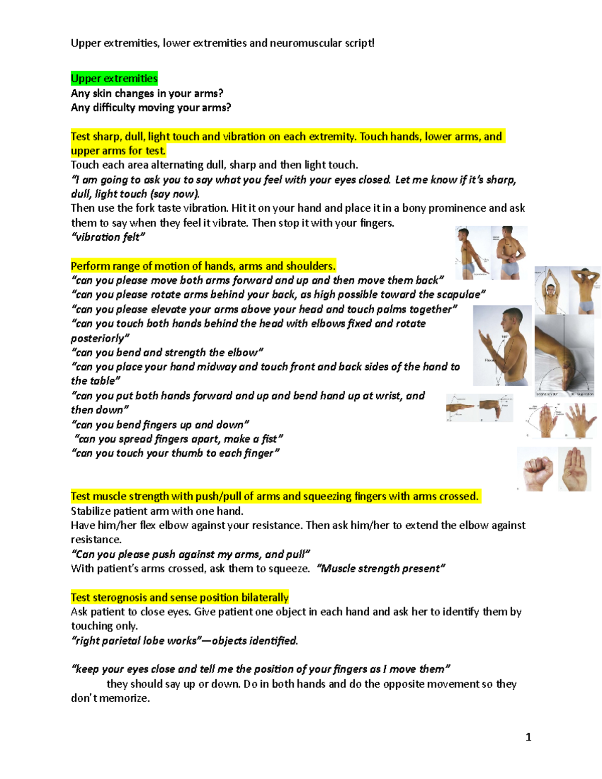Upper & Lower Extremities Neuromuscular Assessment Script - Studocu