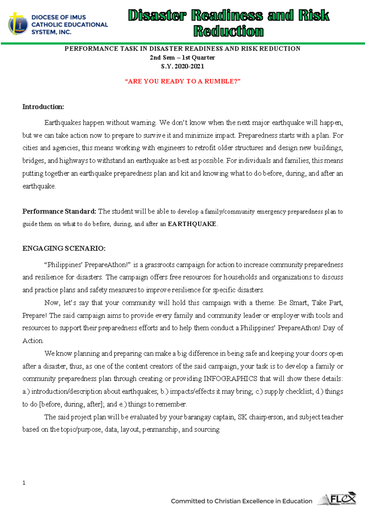 2nd Sem DRRR Performance Task: Earthquake Preparedness Plan - Studocu