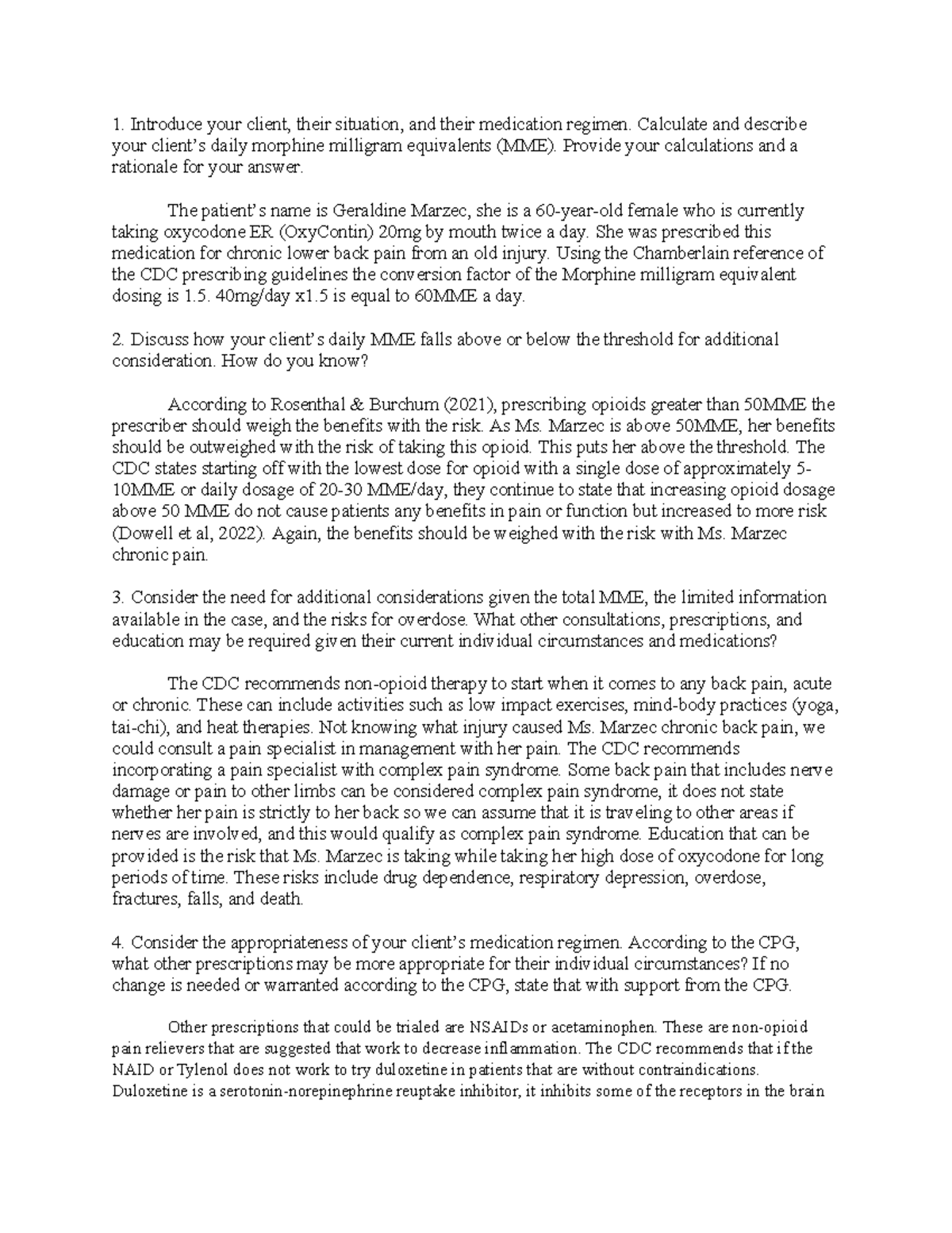 NR565 Week 3: Opioid Management & MME Calculation for Geraldine Marzec ...