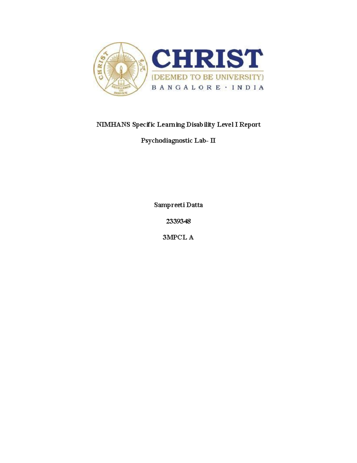 SLD Report - assignment - NIMHANS Specific Learning Disability Level I ...