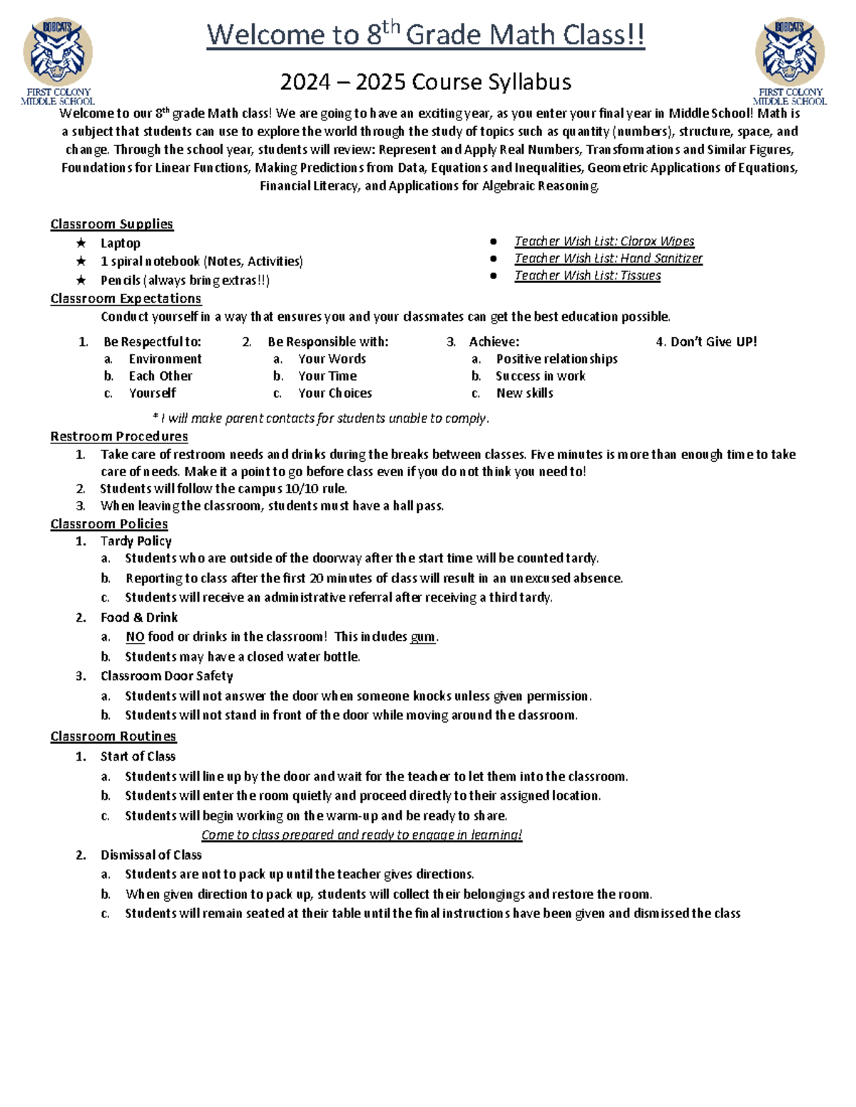 8th Grade Math Syllabus & Classroom Policies (2024-2025) - Studocu