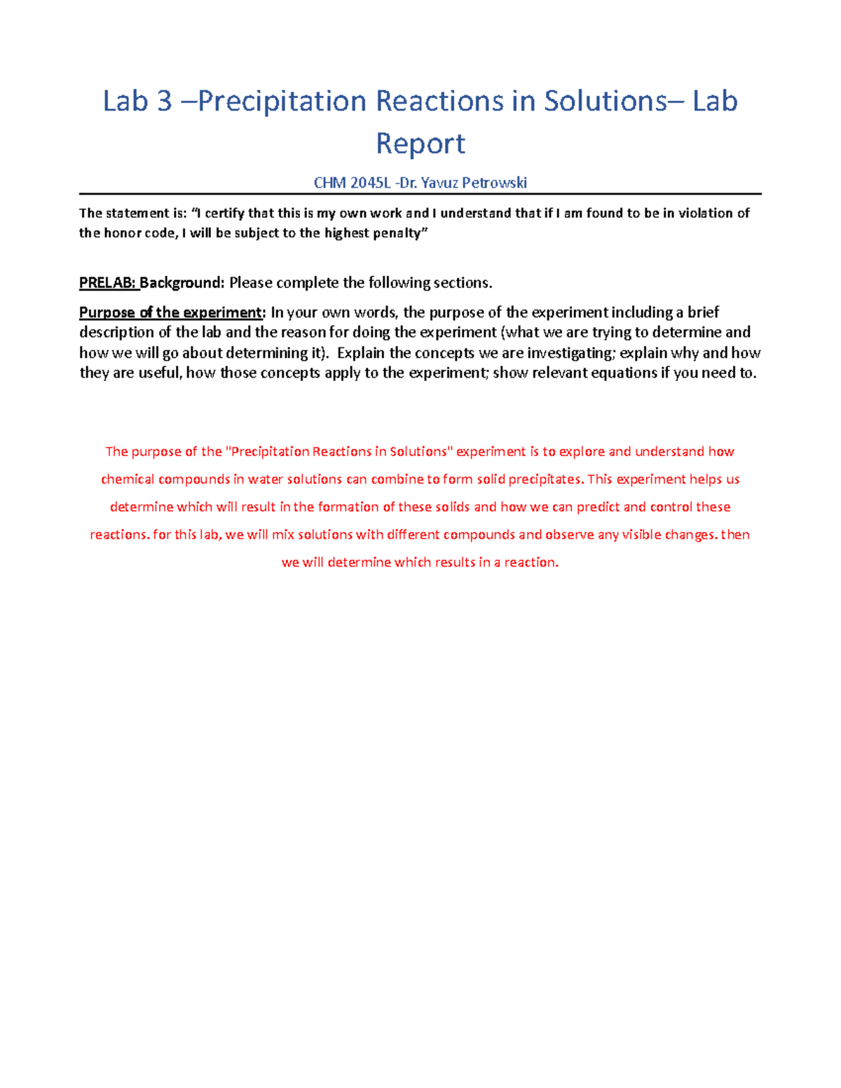chapter 3 Lab Report - Lab 3 –Precipitation Reactions in Solutions– Lab ...