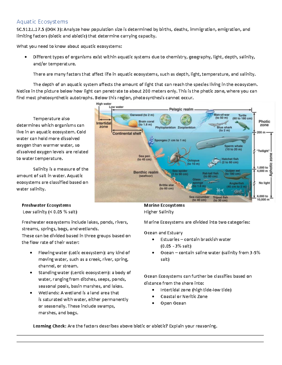 Aquatic Ecosystems SC.912.L.17.5: Factors Influencing Population ...