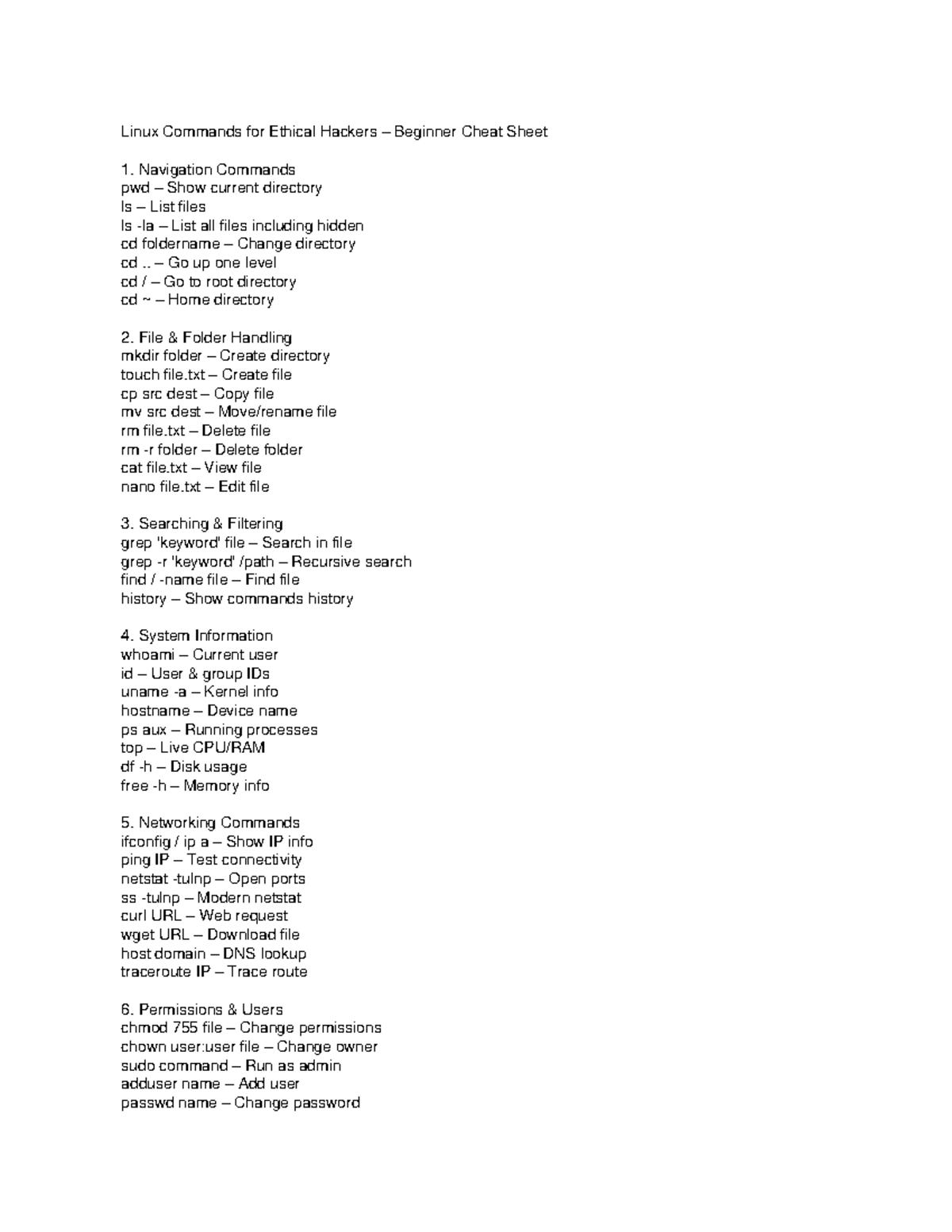 Linux Ethical Hacker Beginner Cheat Sheet: Essential Commands - Studocu