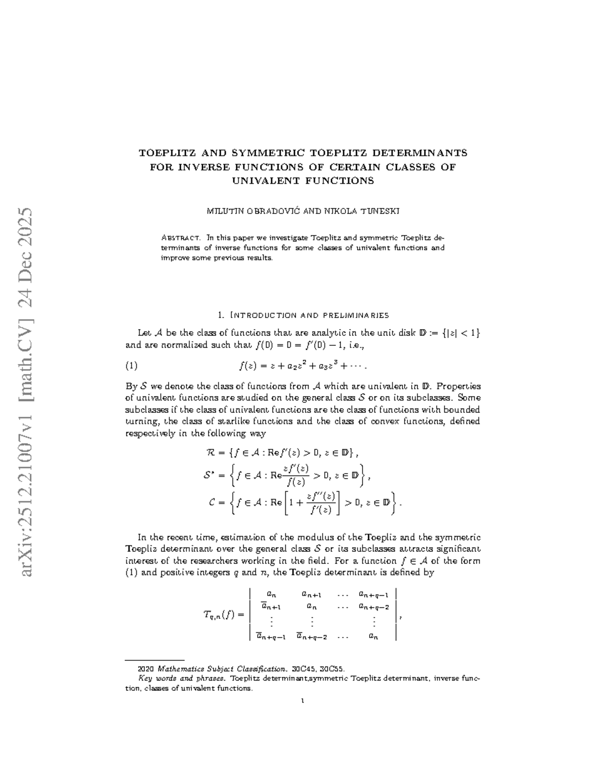 Toeplitz and Symmetric Toeplitz Determinants in Univalent Functions ...