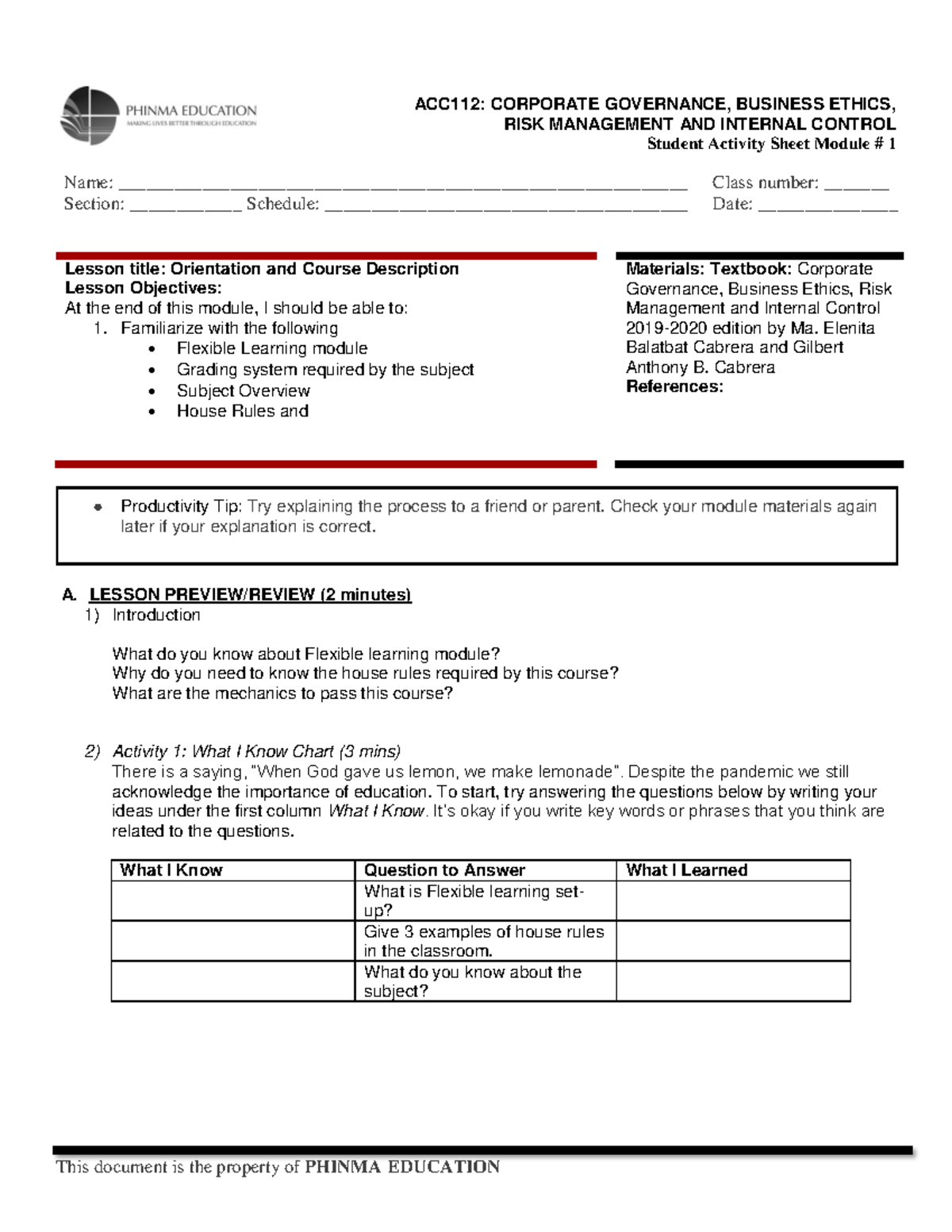ACC-112-SAS1 - Risk Management & Internal Control Module 1 Lessons ...