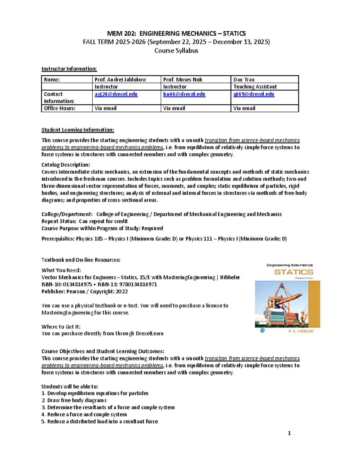 Syllabus for MEM 202: Engineering Mechanics Statics - Fall 2025 - Studocu