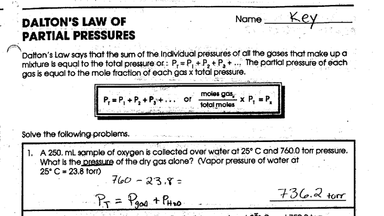 Dalton's Law of Partial Pressures Worksheet KEY (Chemistry IF8766 ...