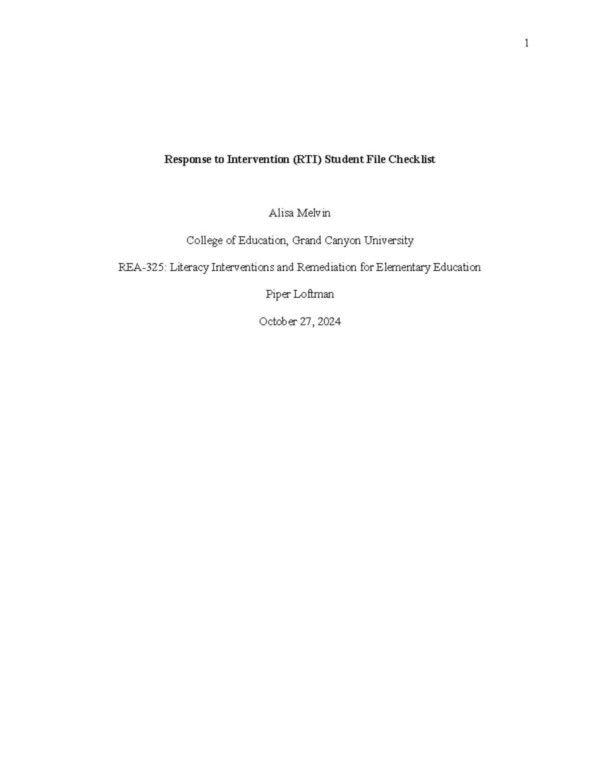 RTI Student File Checklist for REA-325 Literacy Interventions - Studocu