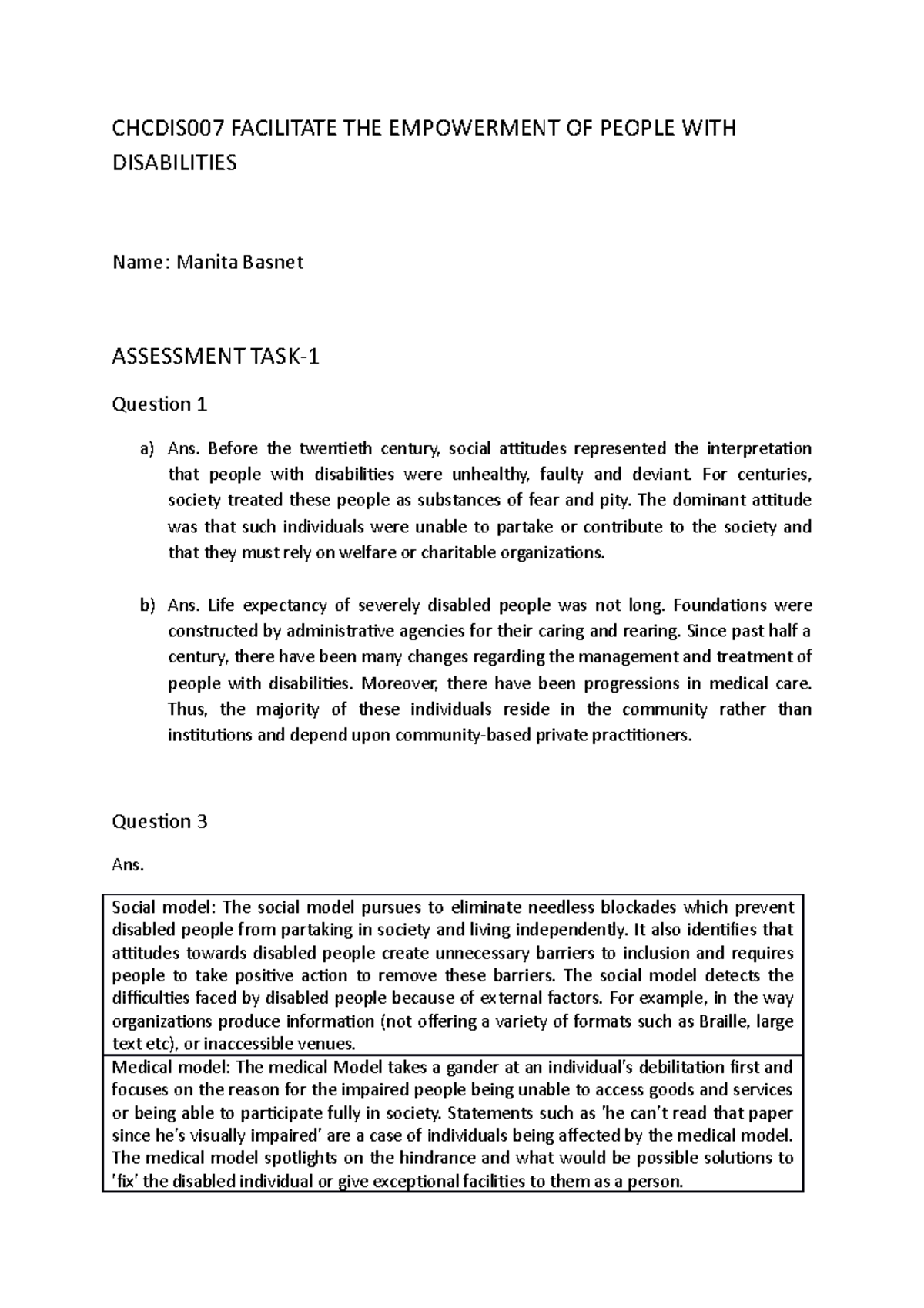 Assignment 3 - good - CHCDIS007 FACILITATE THE EMPOWERMENT OF PEOPLE ...