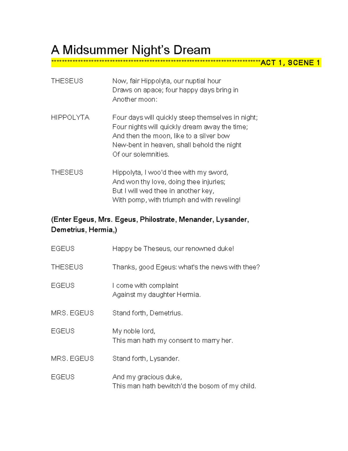 A Midsummer Night's Dream, Act 1 & 2 Scene Summaries - Studocu