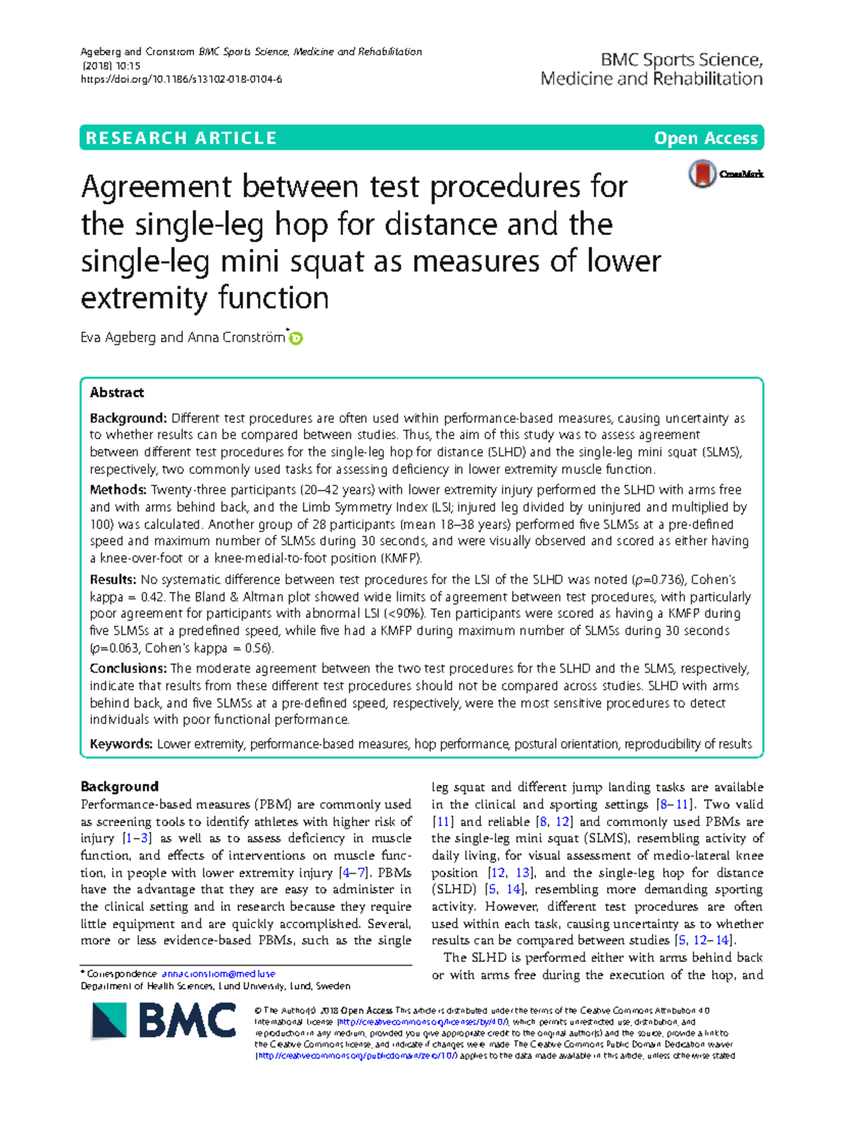 Agreement Between SLHD and SLMS Test Procedures for Lower Extremity ...