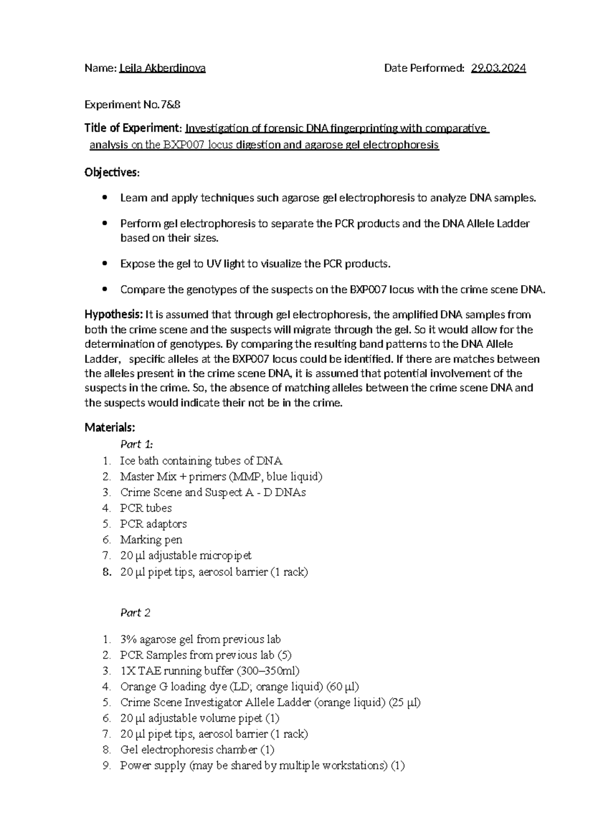 Forensic DNA Fingerprinting Lab Report (Experiment No. 7) - BXP007 ...