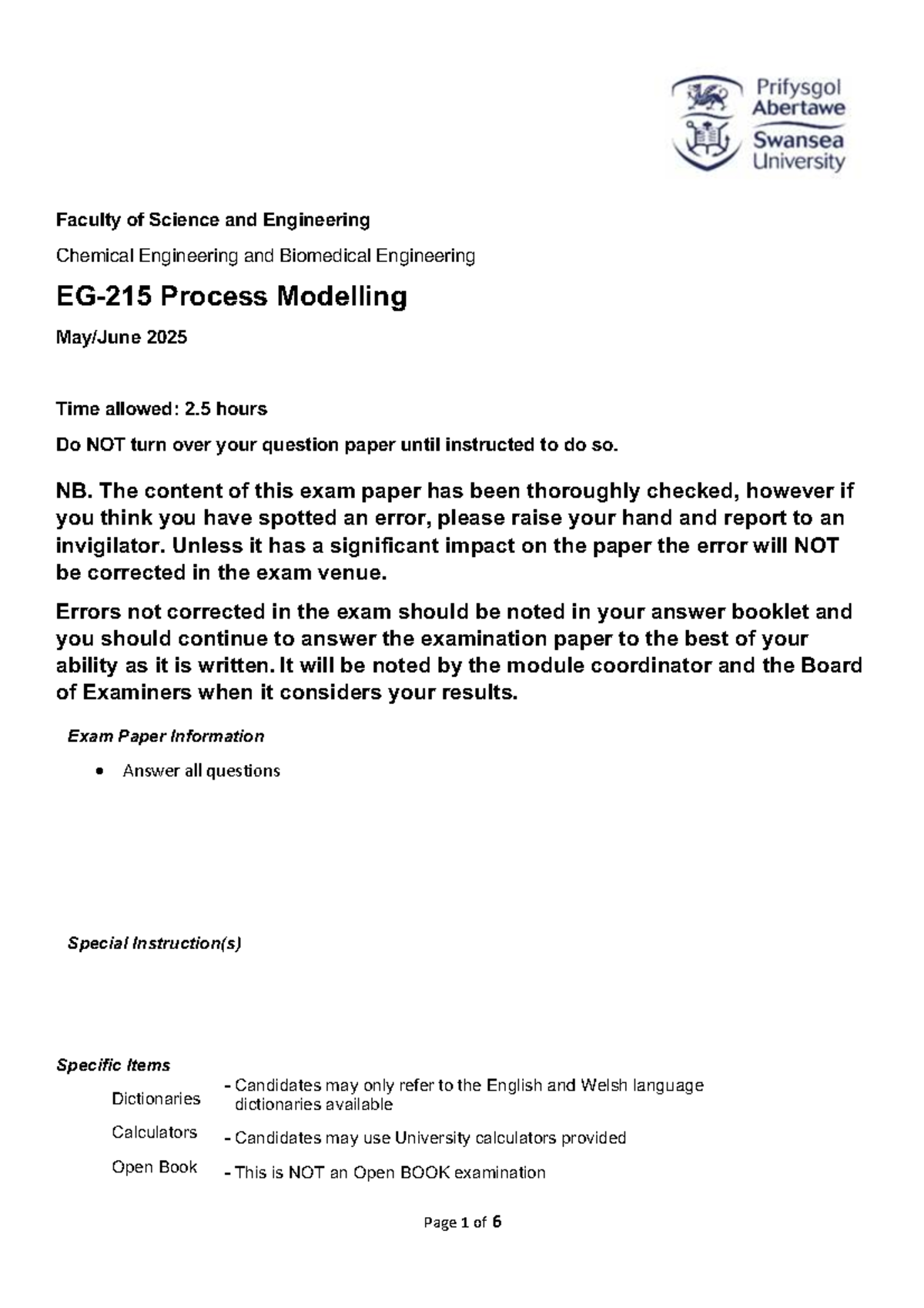 EG-215 Process Modelling Exam Paper 2025 - 2.5 Hours - Studocu