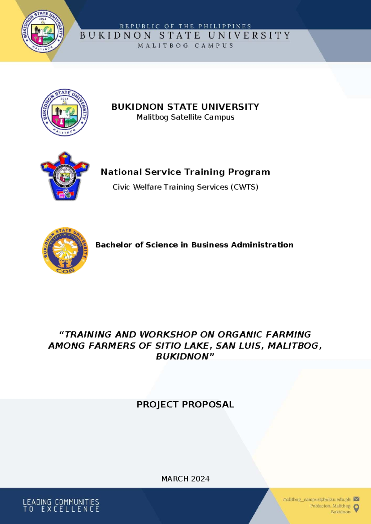 Revised Project Proposal for NSTP CWTS: Organic Farming in Sitio Lake ...