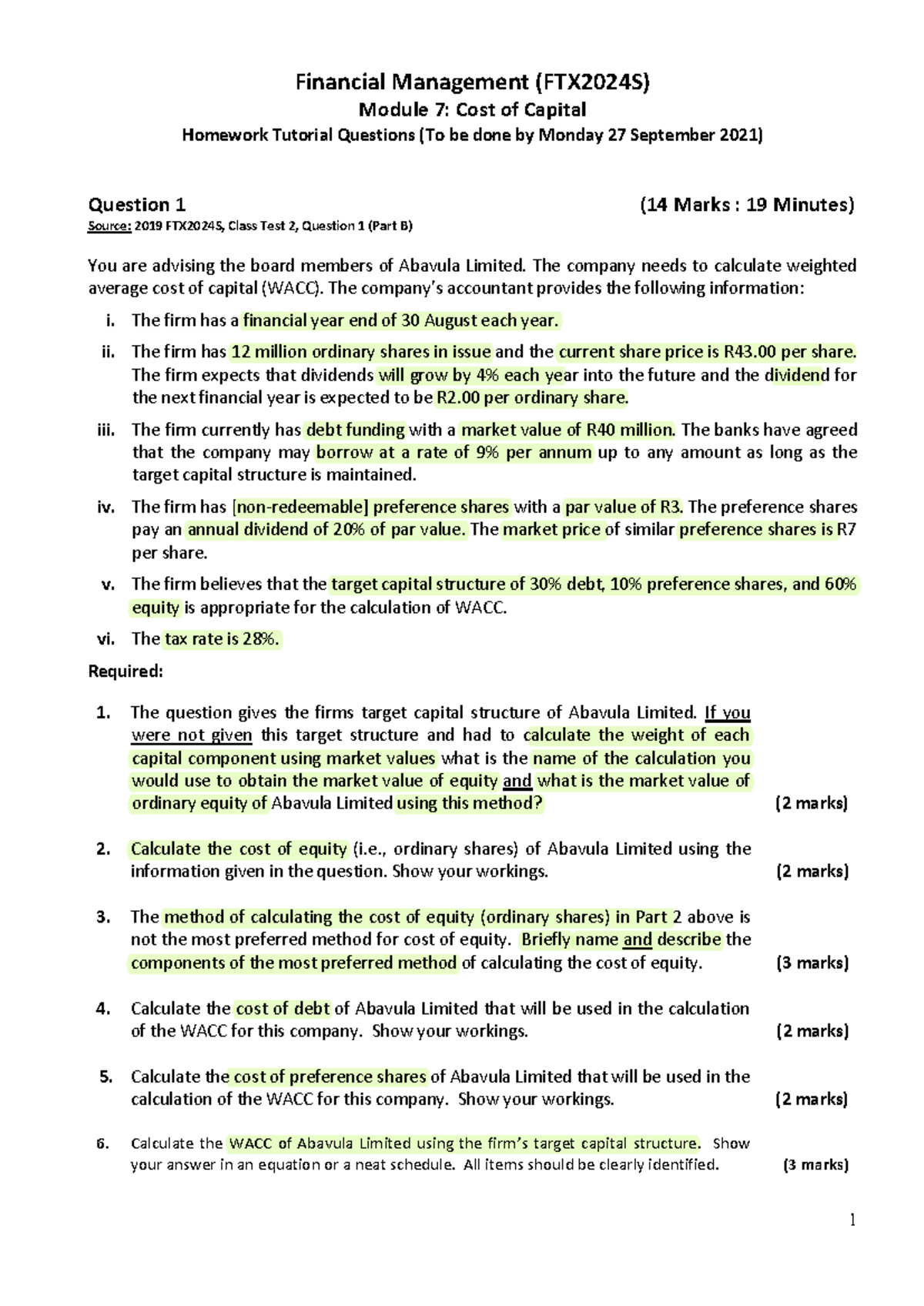 FTX2024S Week 7 Tutorial: Cost of Capital Homework Questions - Studocu