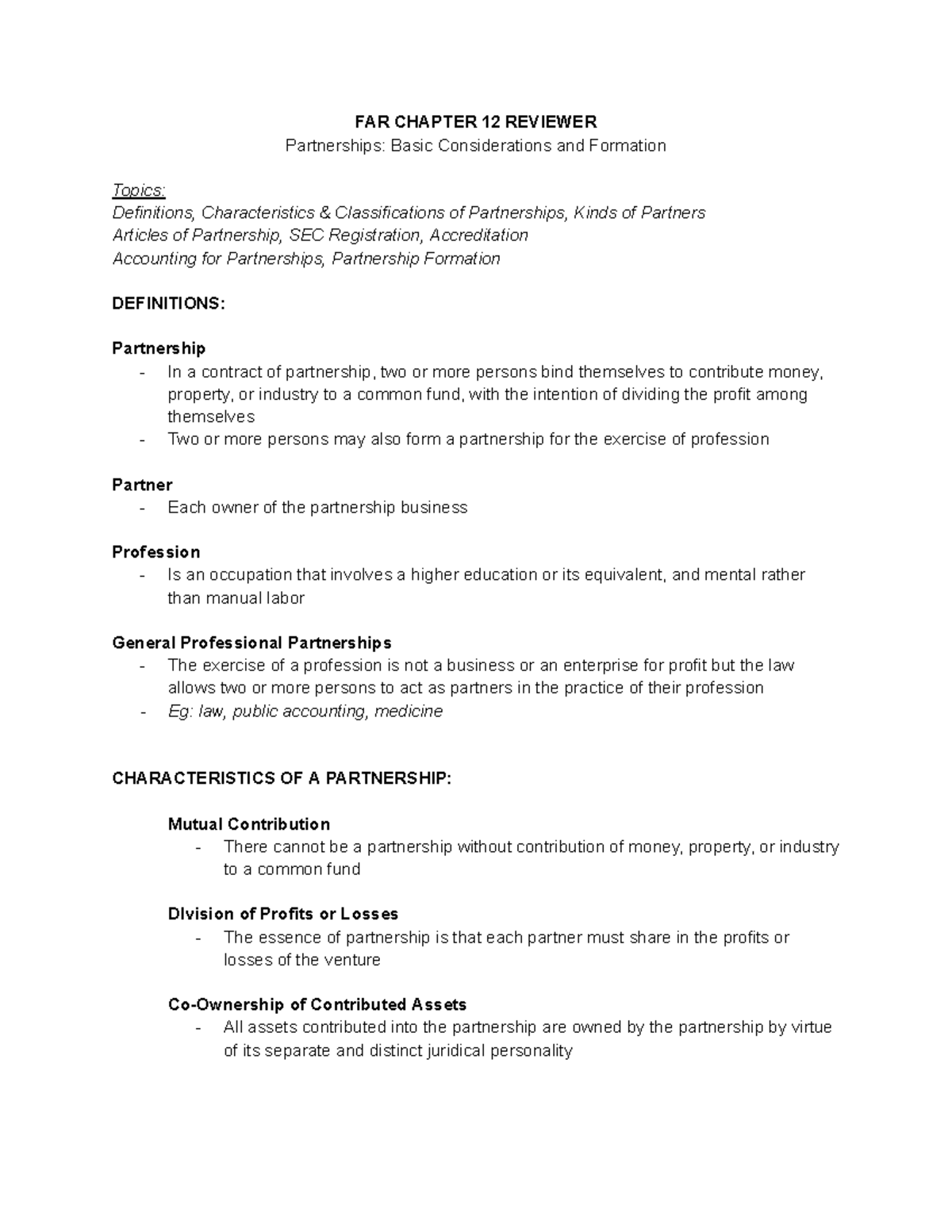 FAR 12: Partnerships - Basic Considerations & Formation Review - Studocu