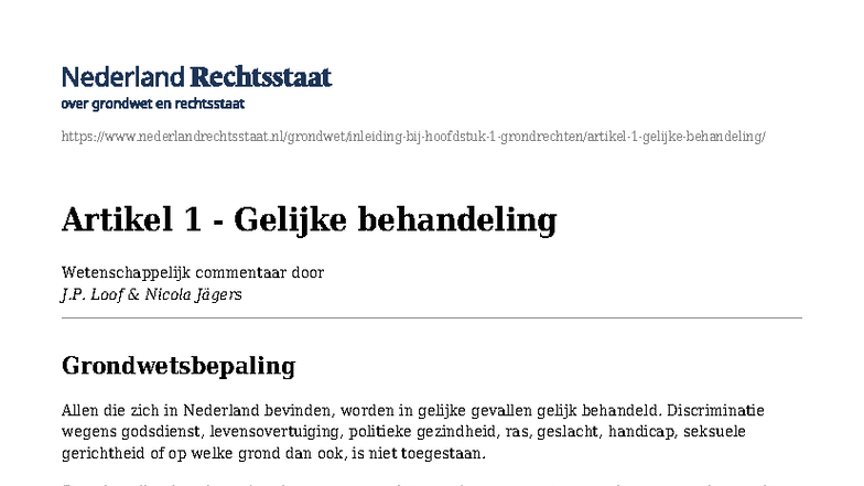 Artikel 1 Gelijke Behandeling: Wetenschappelijk Commentaar (J.P. Loof ...