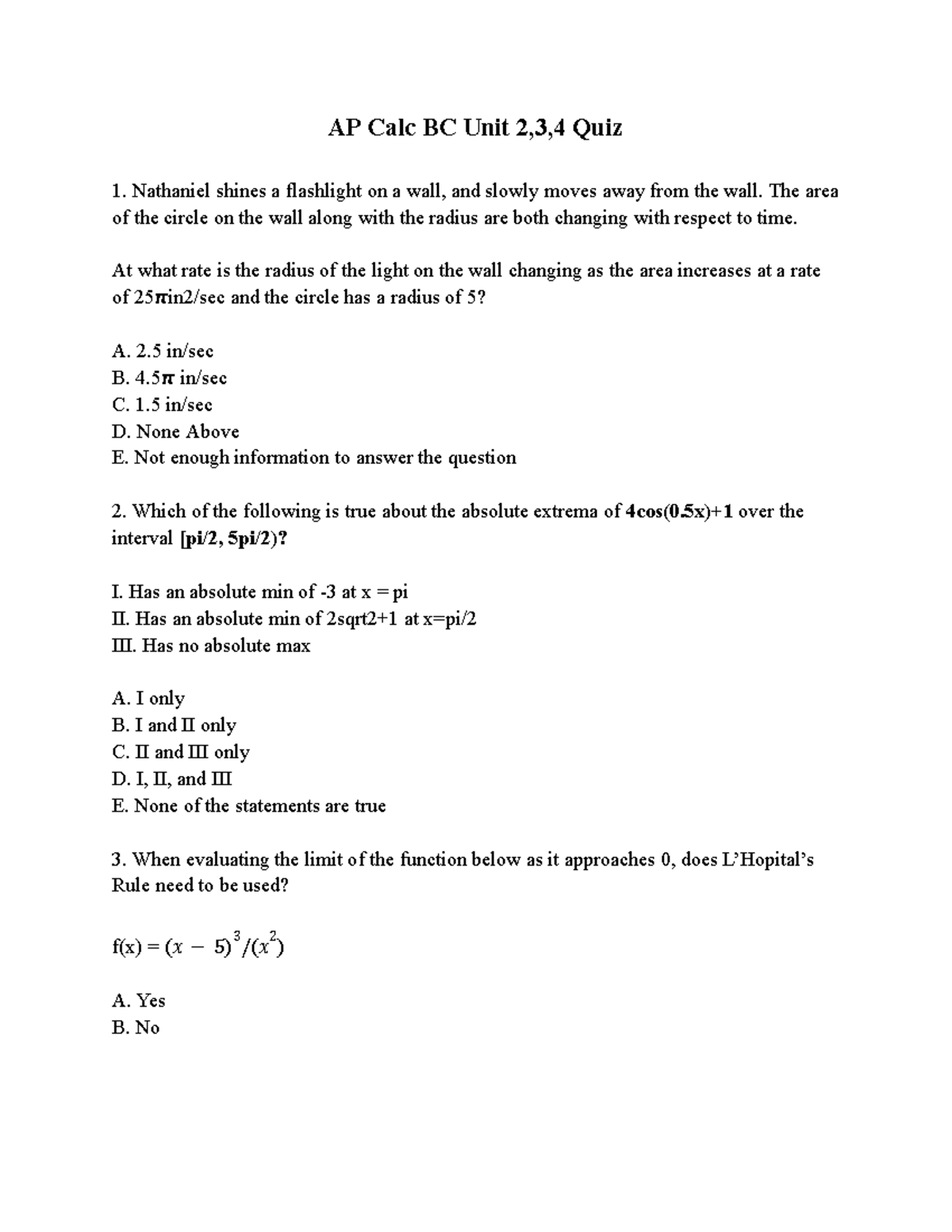 BC Calc Unit 2, 3, 4 Quiz: Area and Extrema Analysis - Studocu