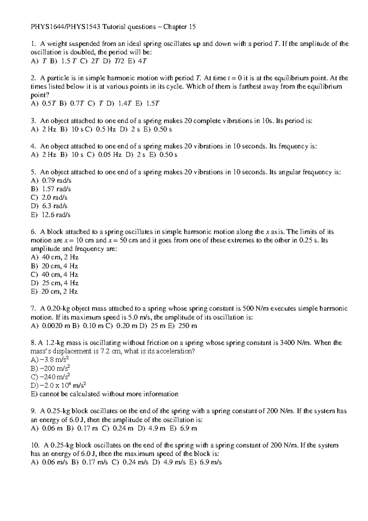 Chapter 15 Tutorial Questions on Simple Harmonic Motion - Studocu