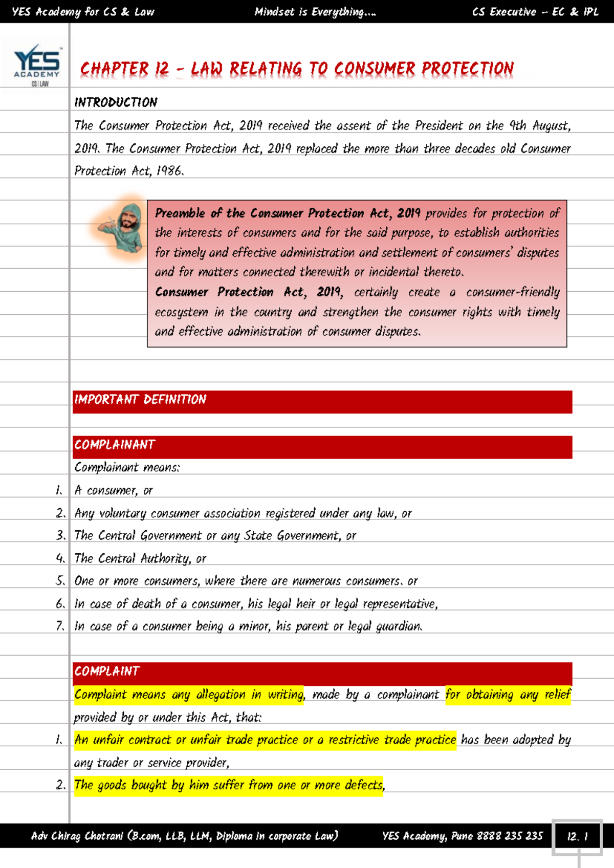 CS Executive EC IPL Chapter 12: Law Relating to Consumer Protection ...