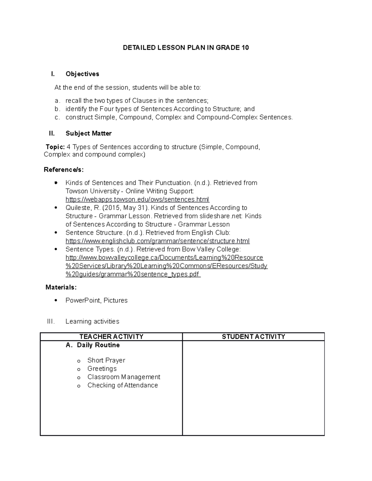 Lesson Plan on Types of Sentences According to Structure (Grade 10 ...