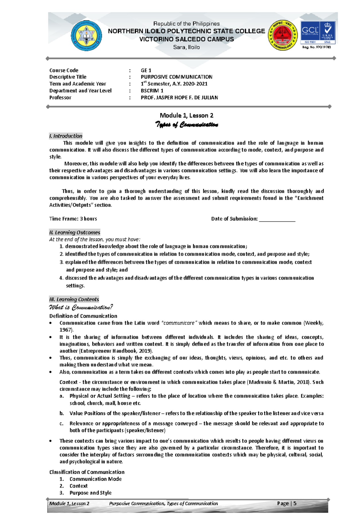 GE 1- Module 1, Lesson 2 (Types of Communication) - Purposive ...