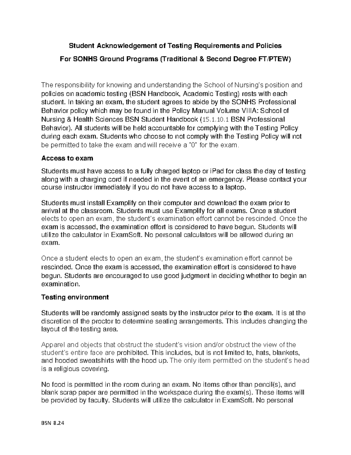 SONHS BSN 8.24 Testing Requirements & Policies Acknowledgment - Studocu