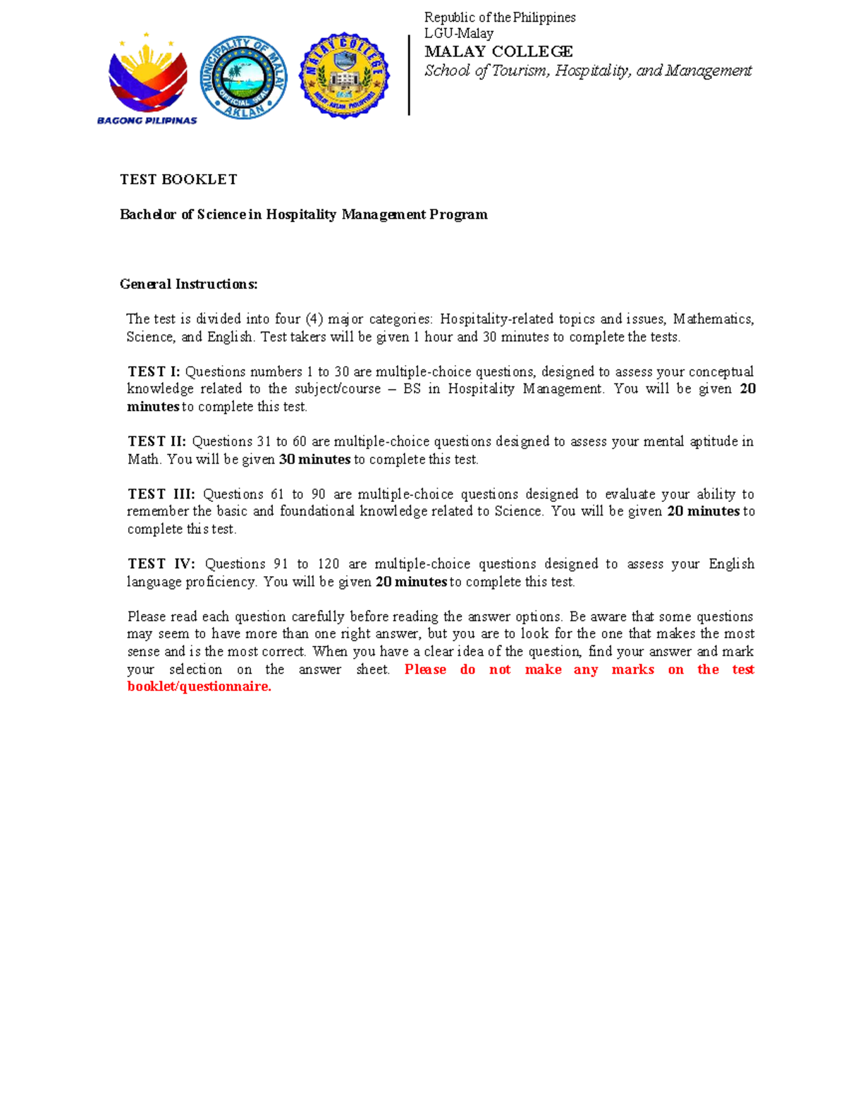 BSHM 101: Entrance Exam Test Booklet for Hospitality Management - Studocu
